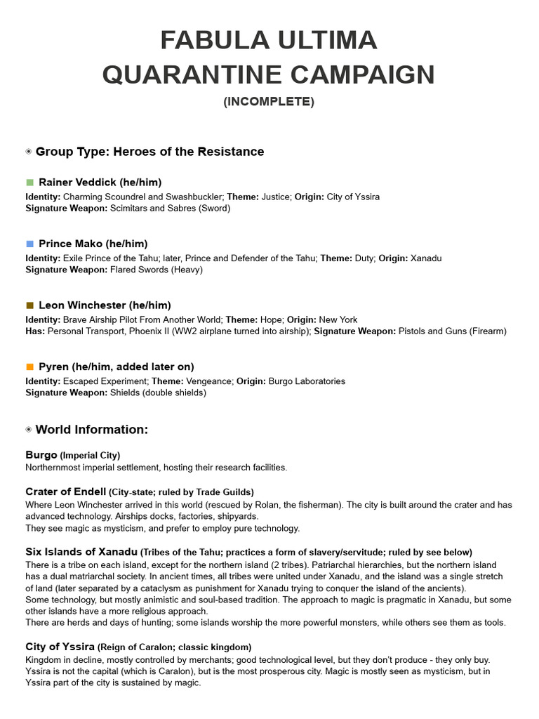 Quarantine Campaign Session Chronicles | PDF