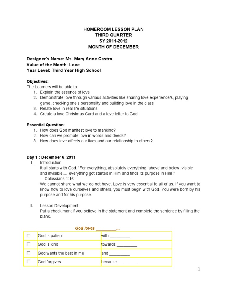 Love-Focused Homeroom Lesson Plan | PDF | Love | Christmas