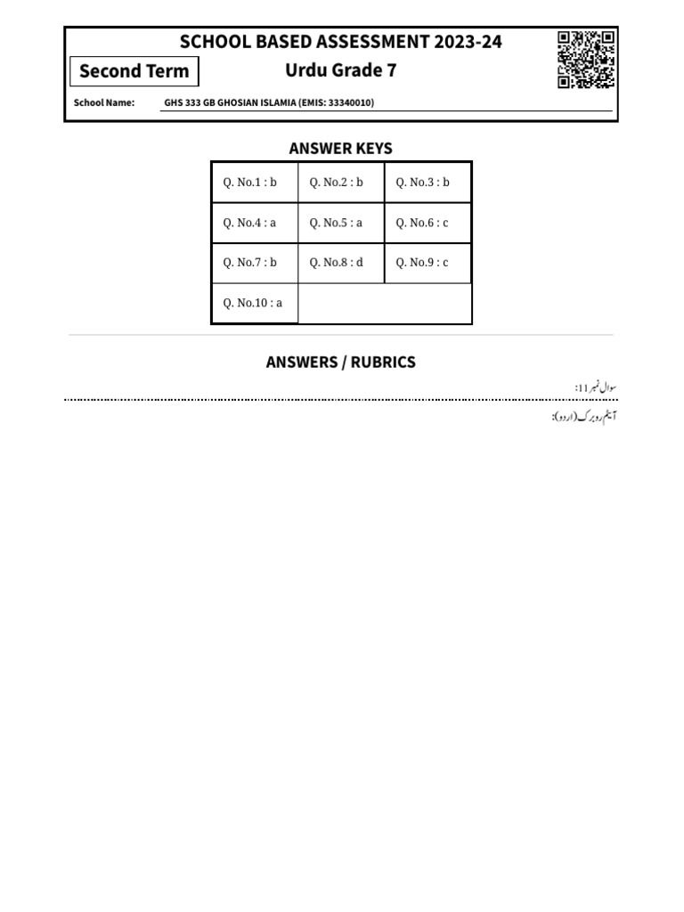 7th Urdu Paper Key 2024 Pdf