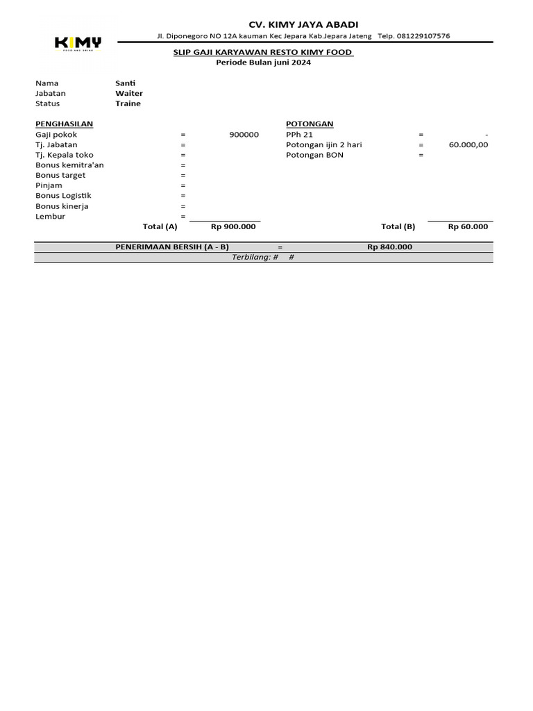Slip Gaji Santi Juni 2024 | PDF