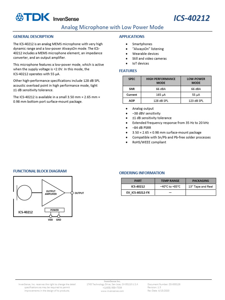 ICS Analog Microphone Dataheet | Download Free PDF | Microphone | Power ...