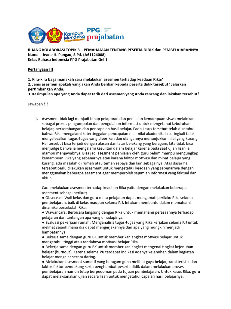 Jeane - Topik 3 Ruang Kolaborasi - Pemahaman Peserta Didik 2 | PDF