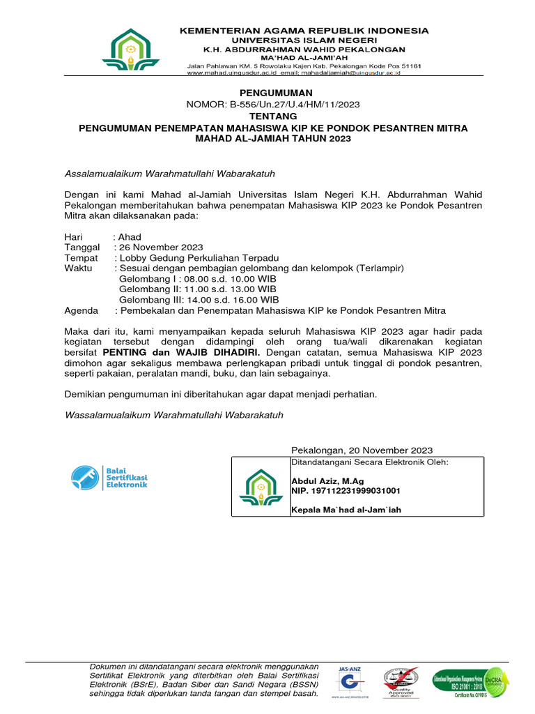 Surat Penempatan Pondok Pesantren | PDF