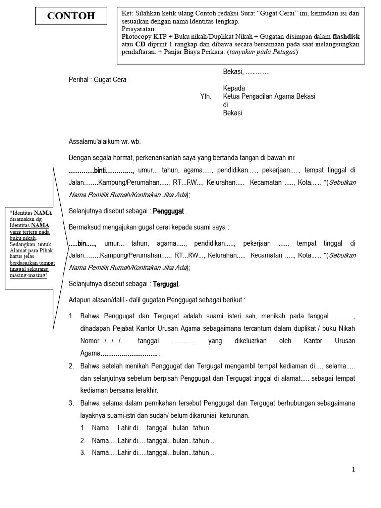 Contoh Surat Gugat Cerai Resmi | PDF | Hukum