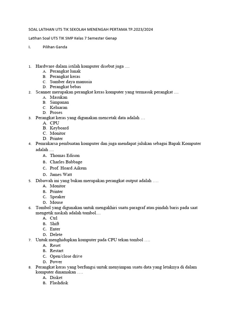 Soal Latihan Uts Tik Sekolah Menengah Pertama TP | PDF
