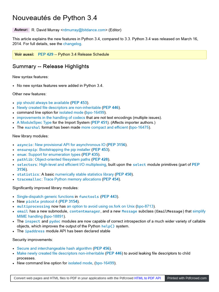 Art Docs Python Org FR 3 Whatsnew 3 4 HTML Highlight HTML | PDF | Python (Programming Language ...