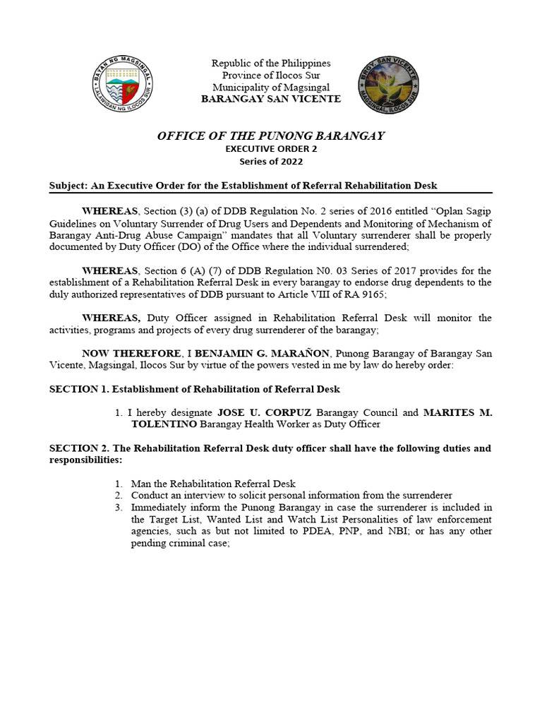 Executive Order No 6 Referral Desk | PDF | Substance Abuse | Justice