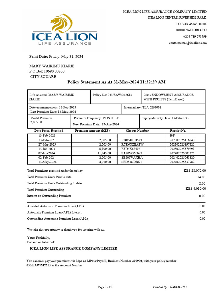Policy Statement As at 31-May-2024 11:32:29 AM: Print Date: Friday, May ...