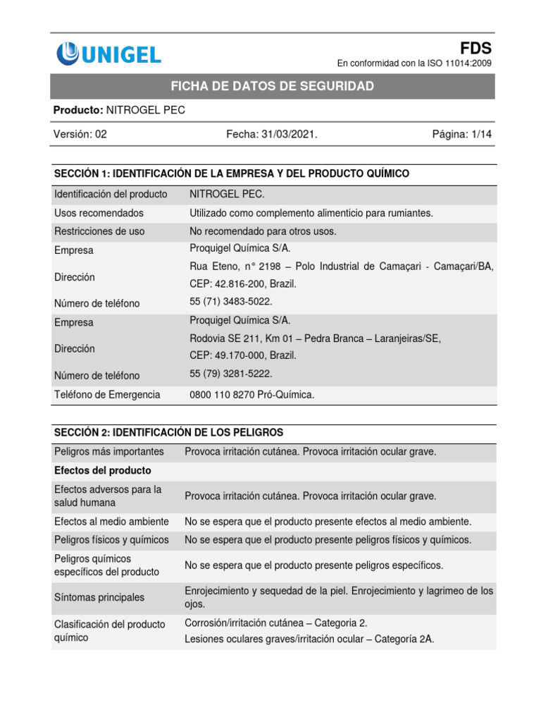 FDS NITROGEL-PEC AGROBA AGROSE Espanhol VER02 | PDF | Agua | Amoníaco