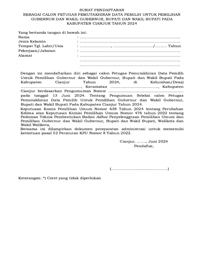 Format PANTARLIH - Pendaftaran, DRH, Dan Surat Pernyartaan PILKADA 2024 ...