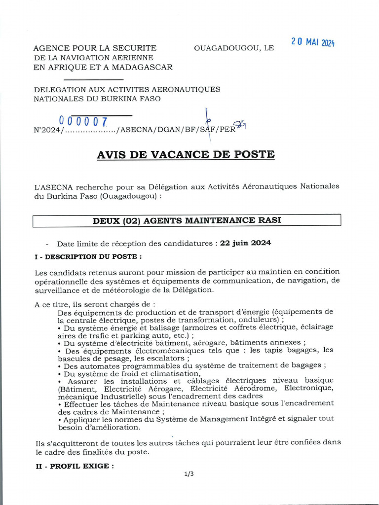 AVP 007 Du 20 05 2024 Pour 01 Agent Maintenance RASI | PDF