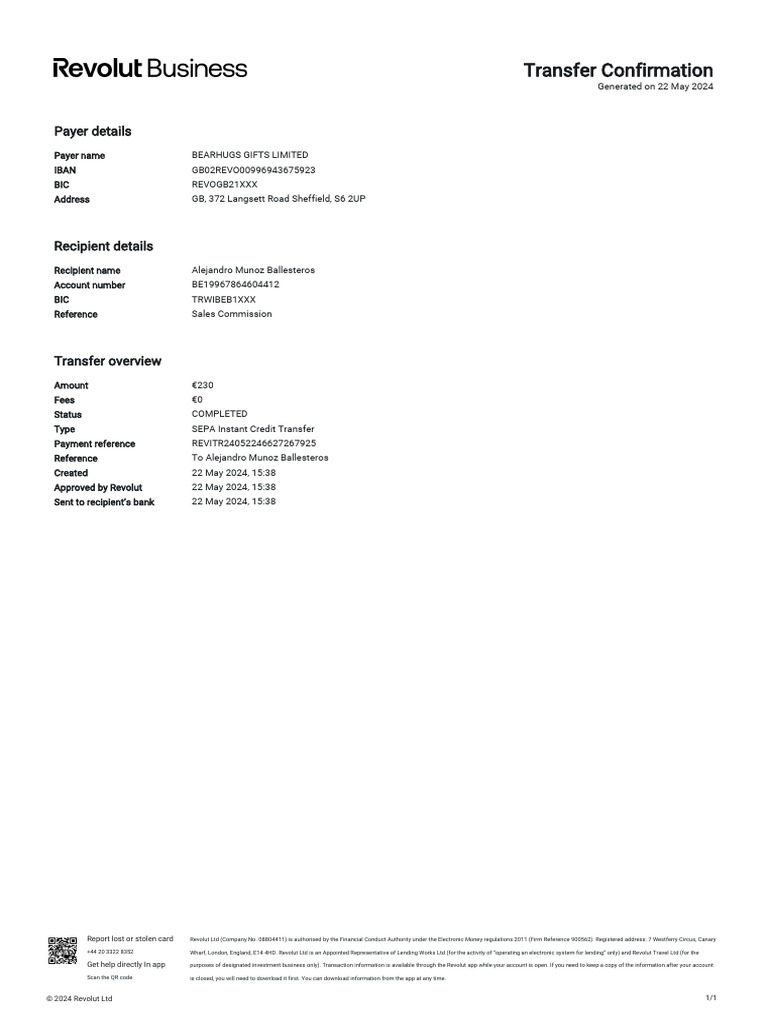 Transfer Confirmation From The Revolut Business | PDF | Personal ...