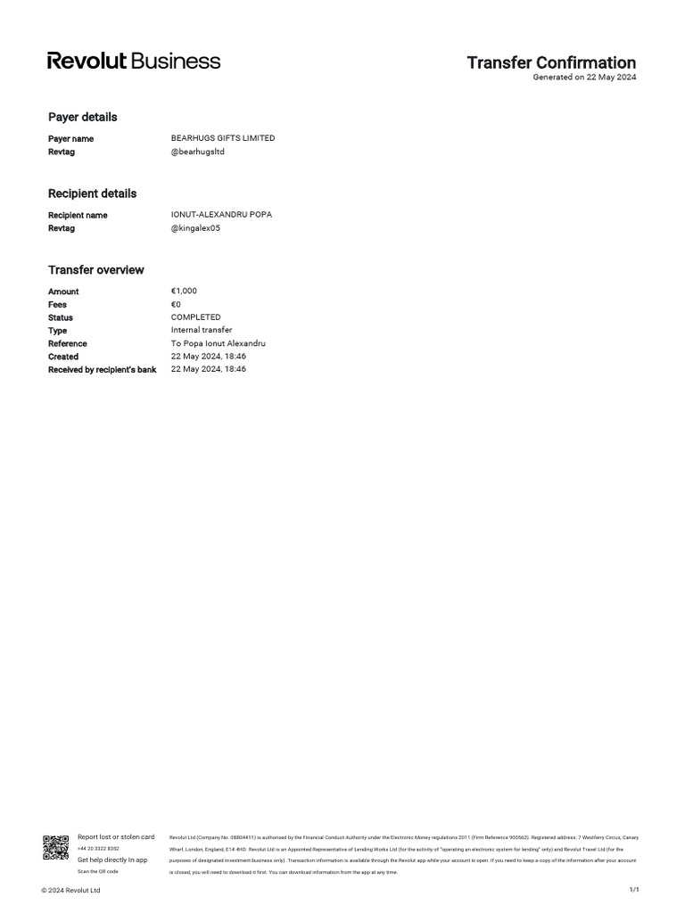 Transfer Confirmation From The Revolut Business | PDF