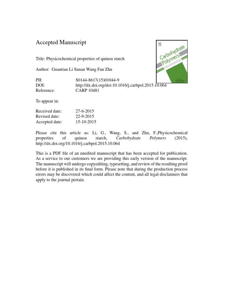 Physicochemical Properties of Quinoa Starch 2016 | PDF | Starch ...