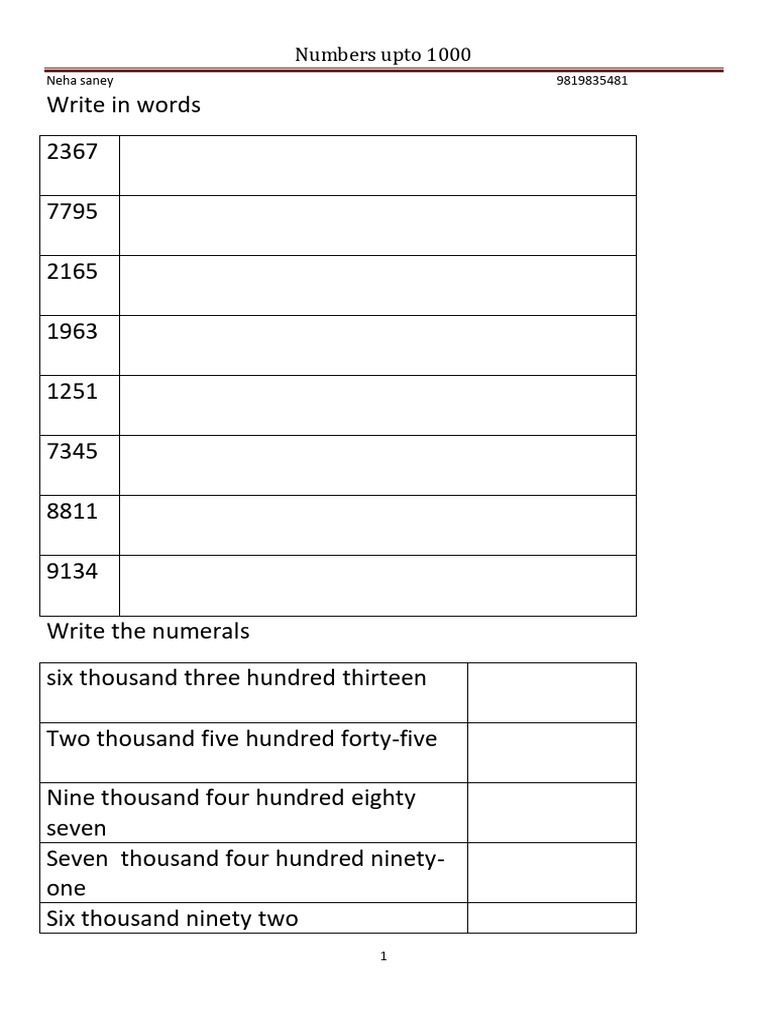 Numbers Upto 1000 | PDF | Mathematical Notation | Mathematics