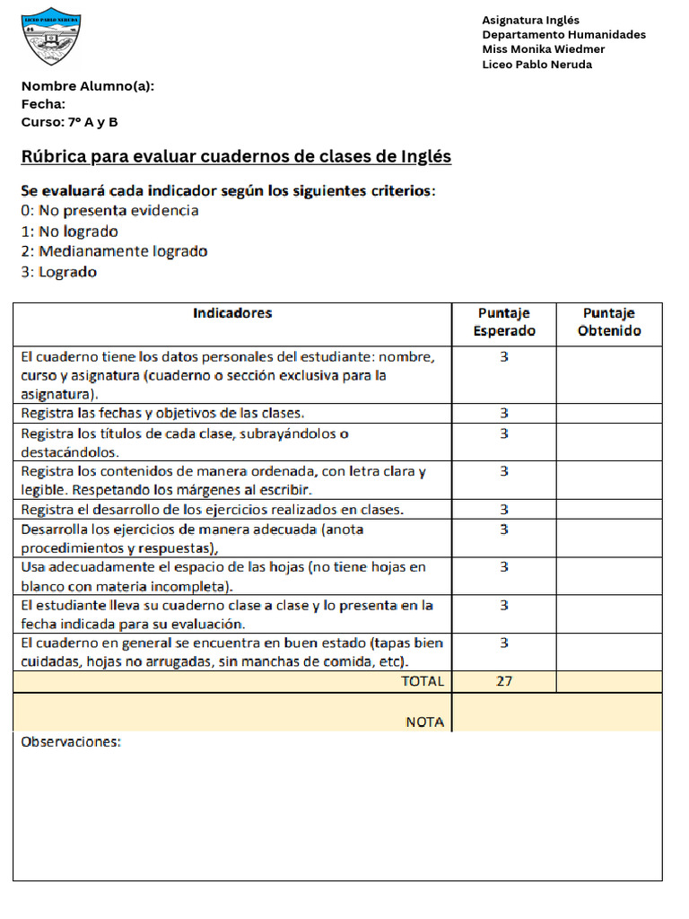 Rubrica para Evaluar Cuadernos | PDF | Artes del Lenguaje y ...