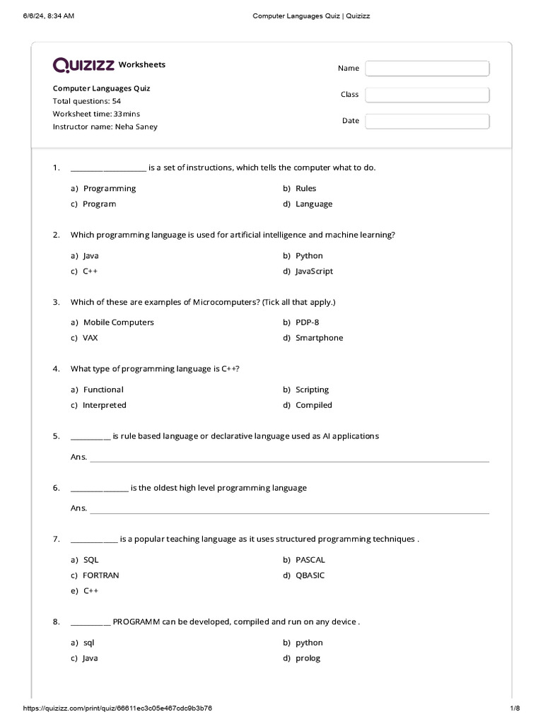 Computer Languages Quiz - Quizizz | PDF | Programming Language | Compiler