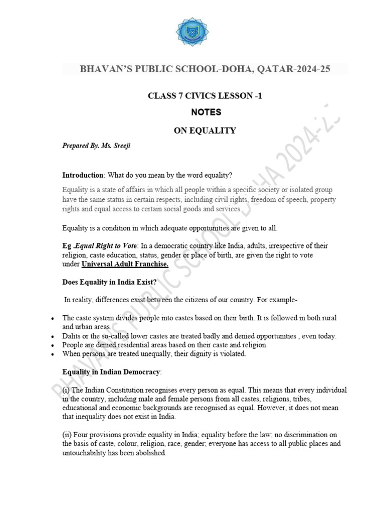 7 Civics Ch 1 Notes 2024 25 Pdf Social Equality Caste