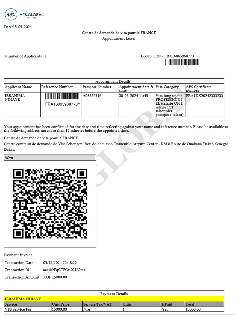 VFS Global Visa Appointment Confirmation | PDF