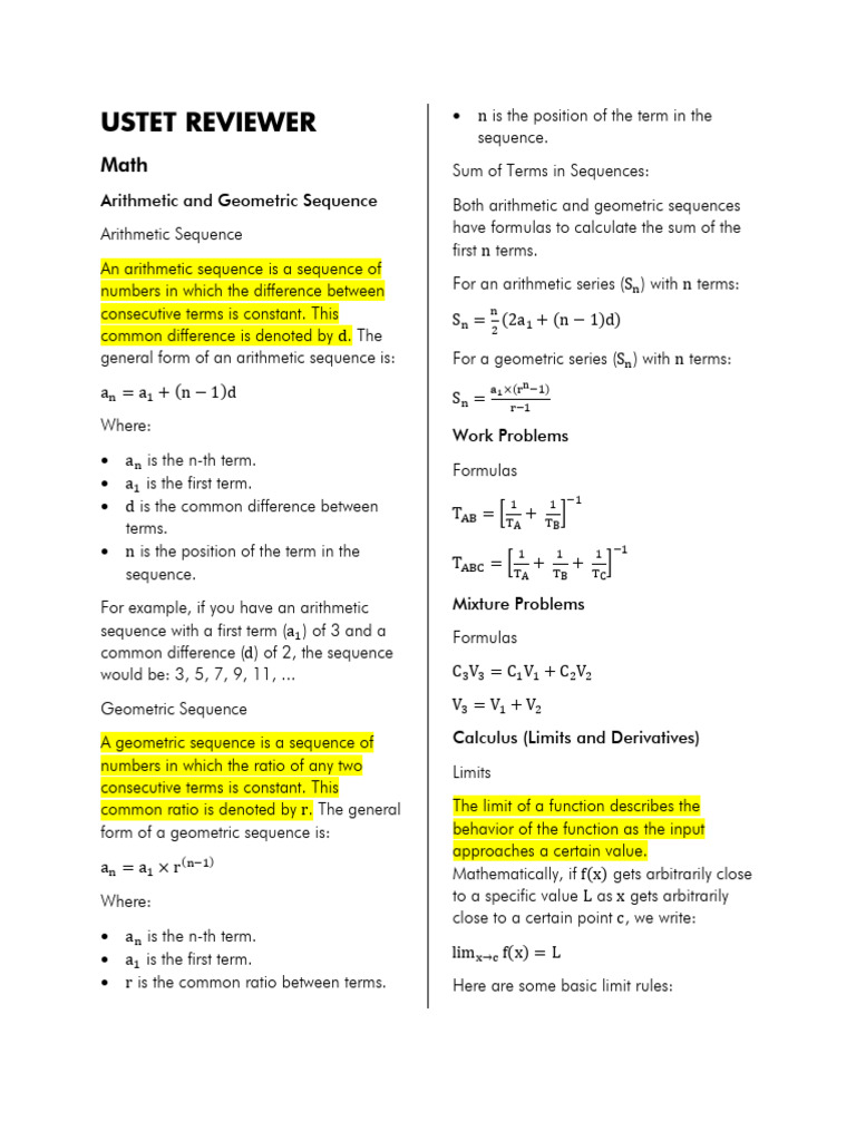 Ustet Reviewer - Math | Download Free PDF | Trigonometric Functions | Logarithm