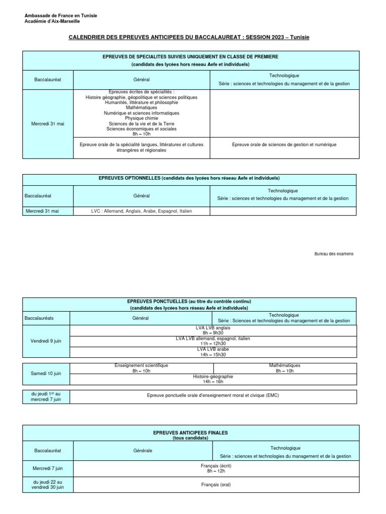 Calendrier Bac 2023 Tunisie | PDF