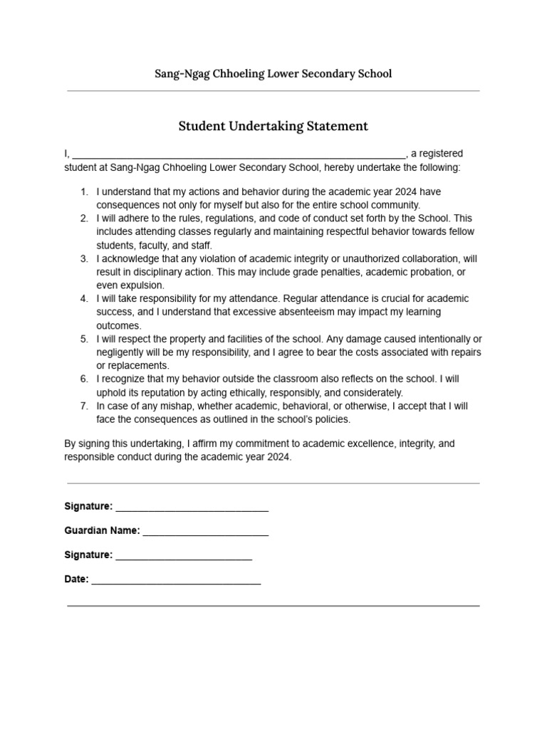 Student Undertaking Statement 2024 | PDF