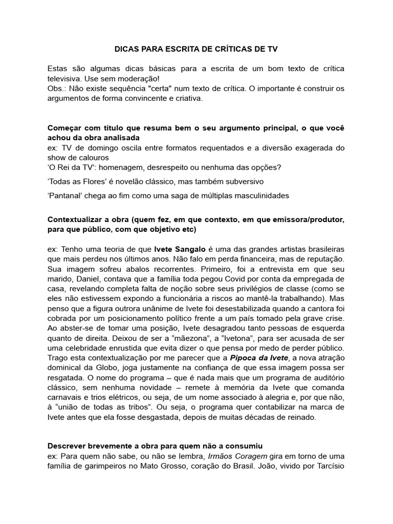 Dicas para Escrita de Críticas de TV | PDF | Arte
