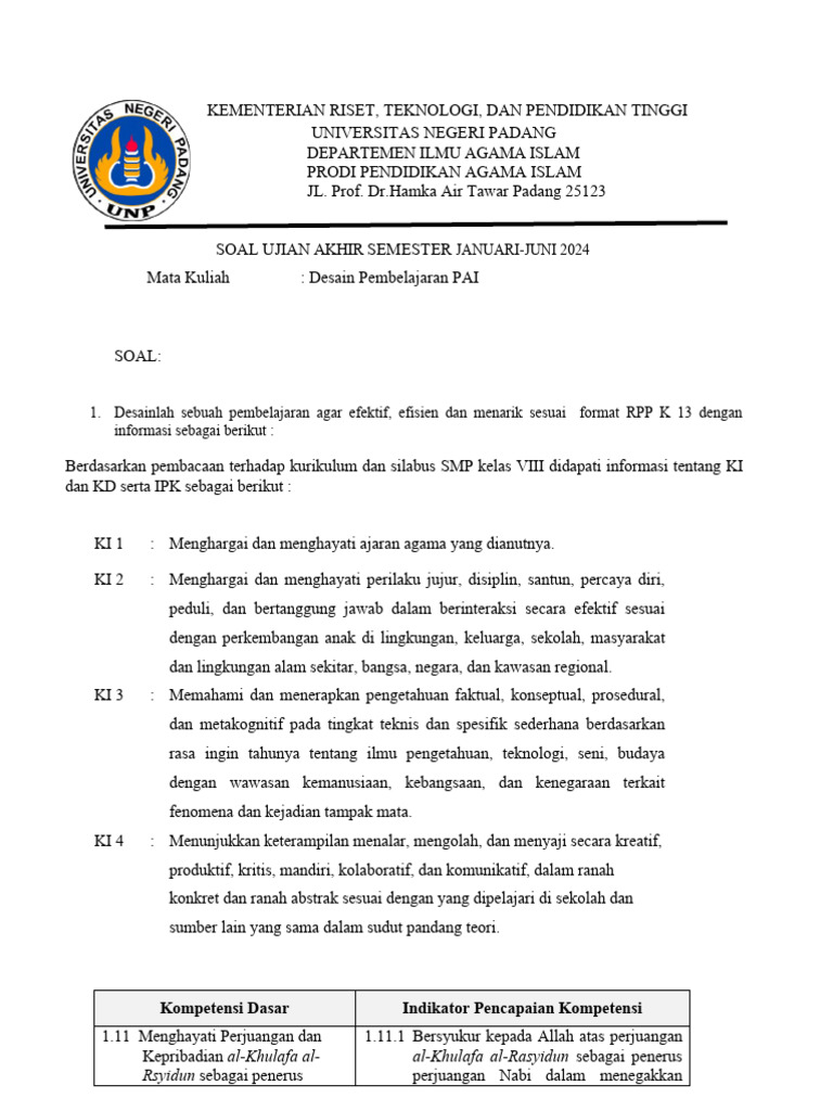 SOAL UAS 3 Desain Pembelajaran PAI Janjjun 24 | PDF