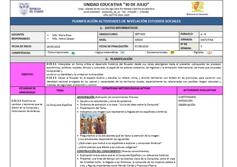 Plan Clase - EESS - NIVELACION - SÉPTIMO - 2024-2025 | Descargar gratis PDF | Ecuador | España