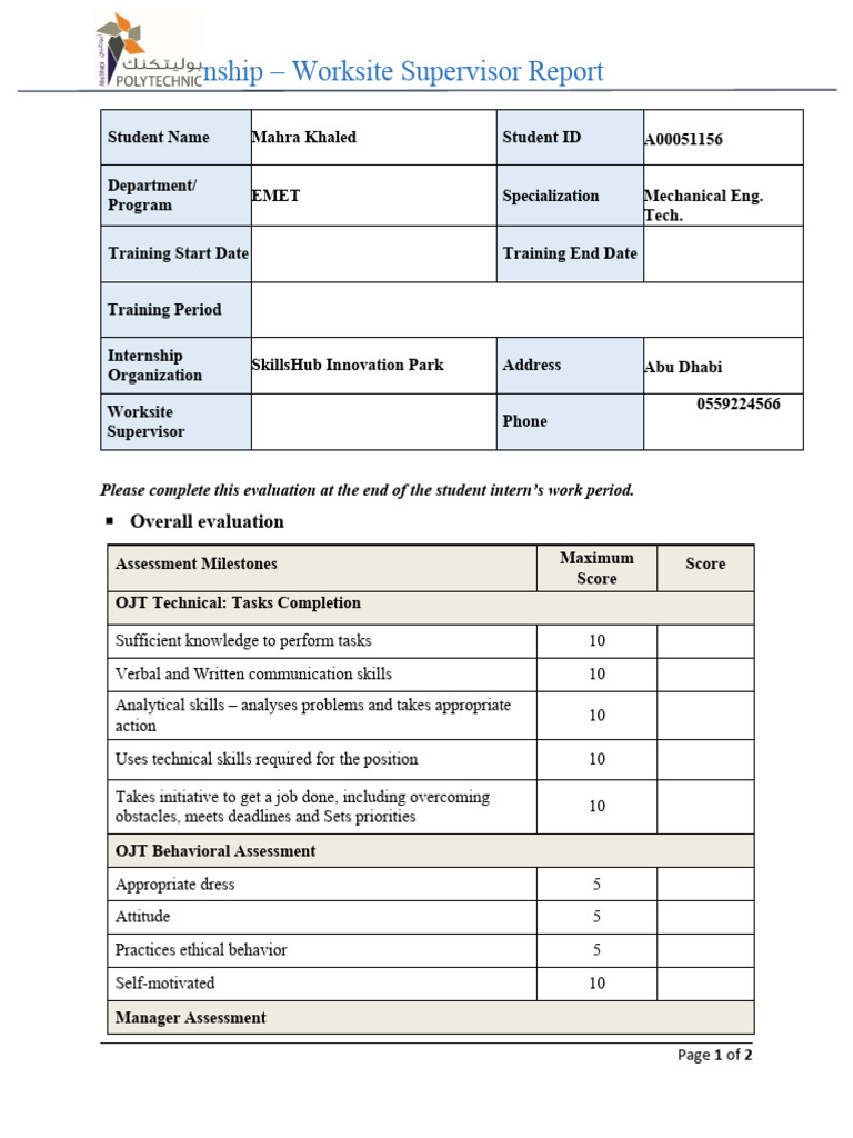 Form Worksite Supervisor Evaluation | PDF | Cognition | Behavioural ...