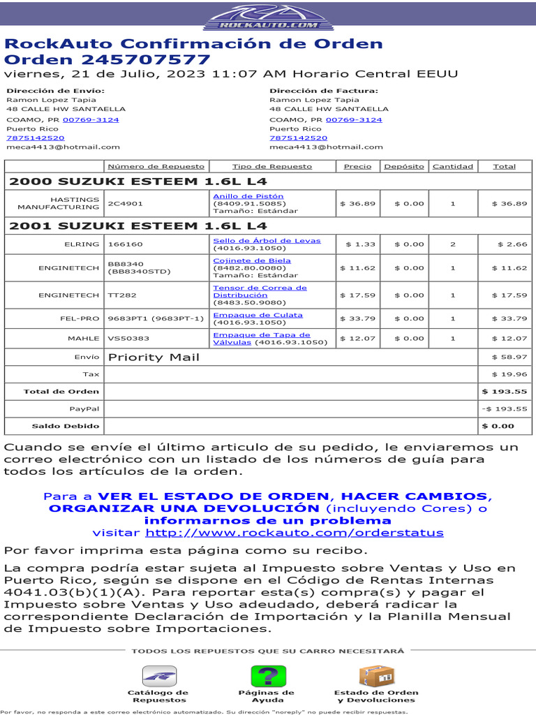 RockAuto Confirmación de Orden para Orden 245707577 | PDF | Motor de ...