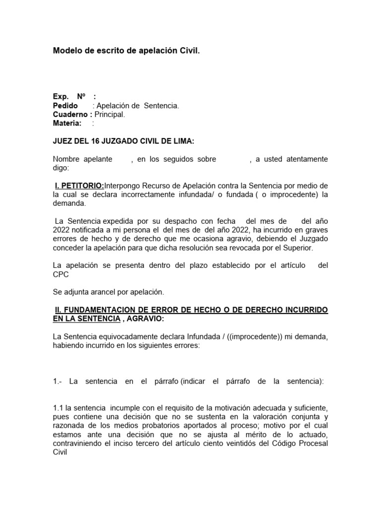 Modelo de escrito de apelación Civil | PDF | Sentencia (ley) | Demanda judicial