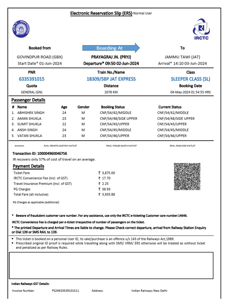 18309/Sbp Jat Express Sleeper Class (SL) | PDF | Identity Document