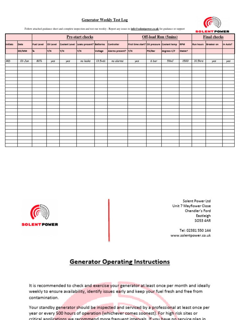 Solent Power - Generator Testing Logbook PDF | PDF | Electric Generator ...