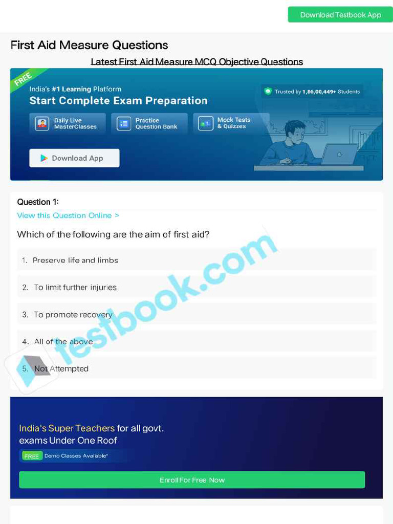 MCQ On First Aid Measure 614b452c02f533717f2bda15 | PDF