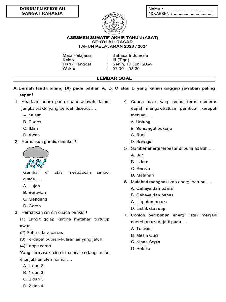 Soal ASAT Kelas 3 Bahasa Indonesia 2023-2024 | PDF