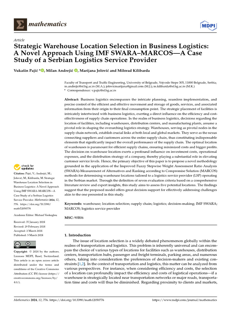 Mathematics 12 00776 v2 | PDF | Supply Chain Management | Logistics