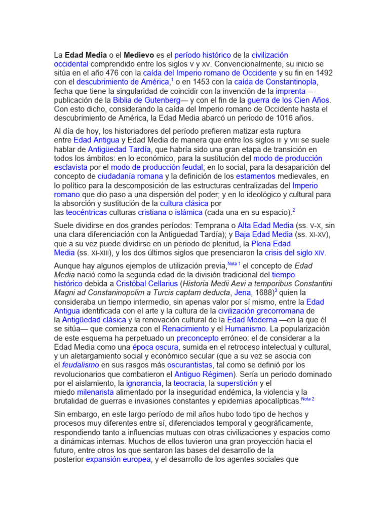 Historia y características de la Edad Media | PDF | Edades medias ...