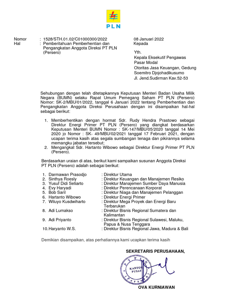 Pemberitahuan Pemberhentian Dan Pengangkatan Anggota Direksi | PDF