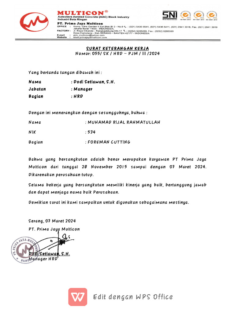 049 SURAT KETERANGAN KERJA (paklaring) | PDF