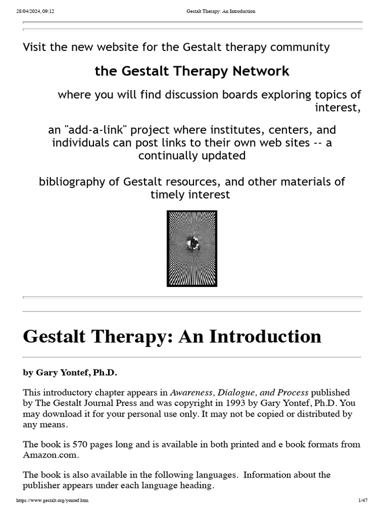 Gestalt Therapy - An Introduction Yontef | PDF | Gestalt Therapy ...