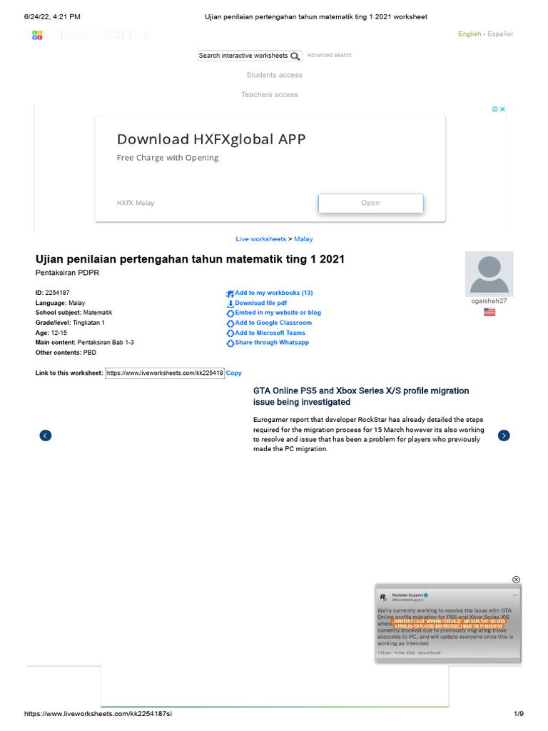 Ujian Penilaian Pertengahan Tahun Matematik Ting 1 2021 Worksheet | PDF | Software | Computing