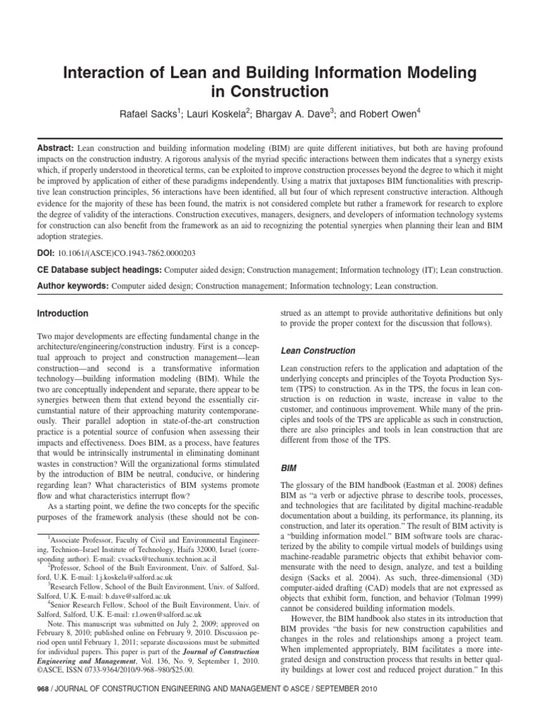 Lean Construction and BIM Synergy Analysis | PDF | Building Information ...