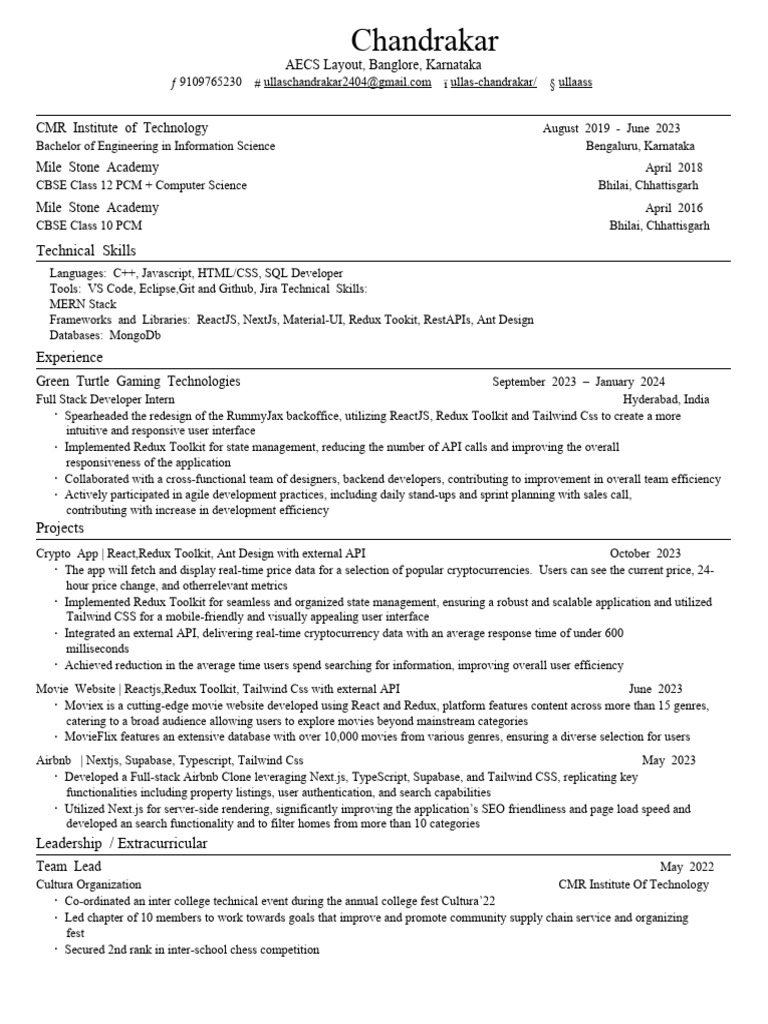 Ullas Chandrakar Resume | PDF | Software | Software Development