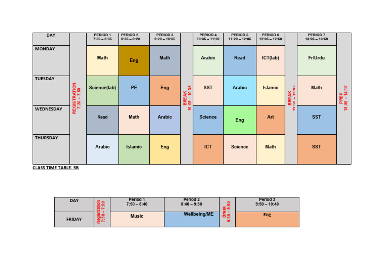 Class Time Table - Year 5B | PDF