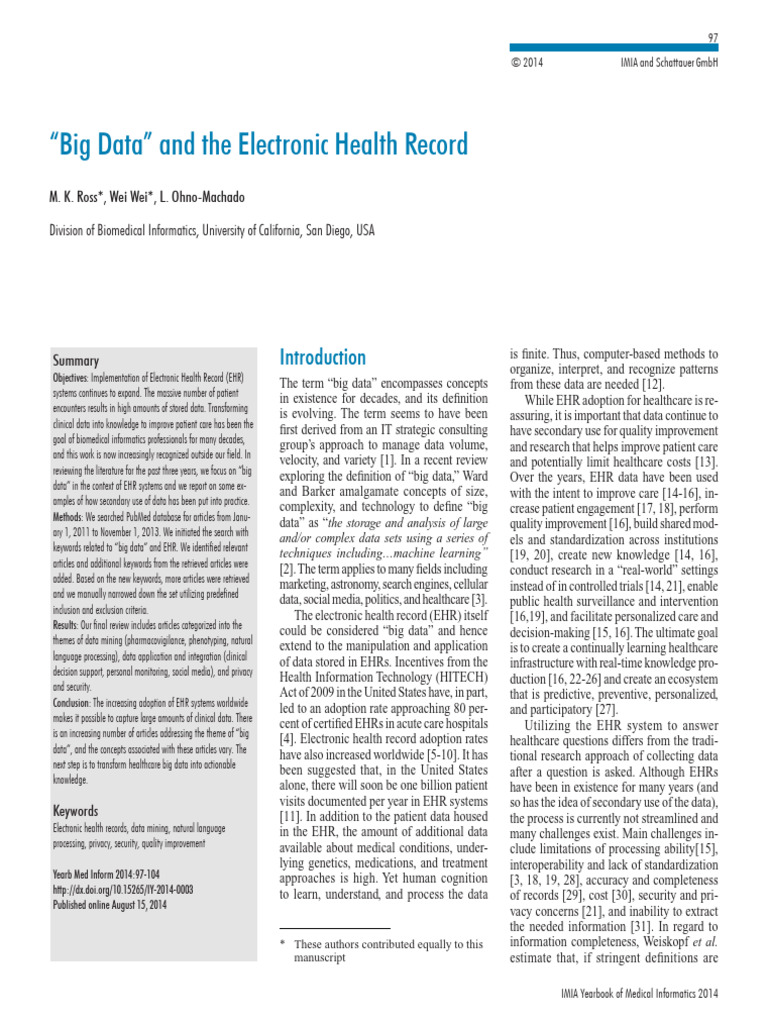 "Big Data" and The Electronic Health Record | PDF | Electronic Health ...