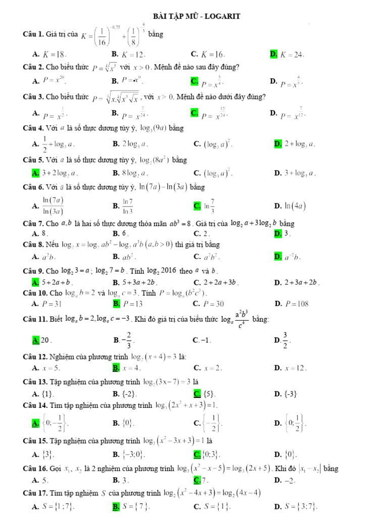 Bài tập Mũ - Logarit lớp 11 (có đáp án) | PDF