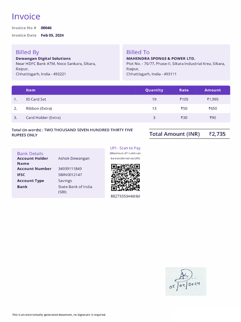 Invoice 00046 Dewangan Digital Solutions Mahendra Sponge and Power LTD ...