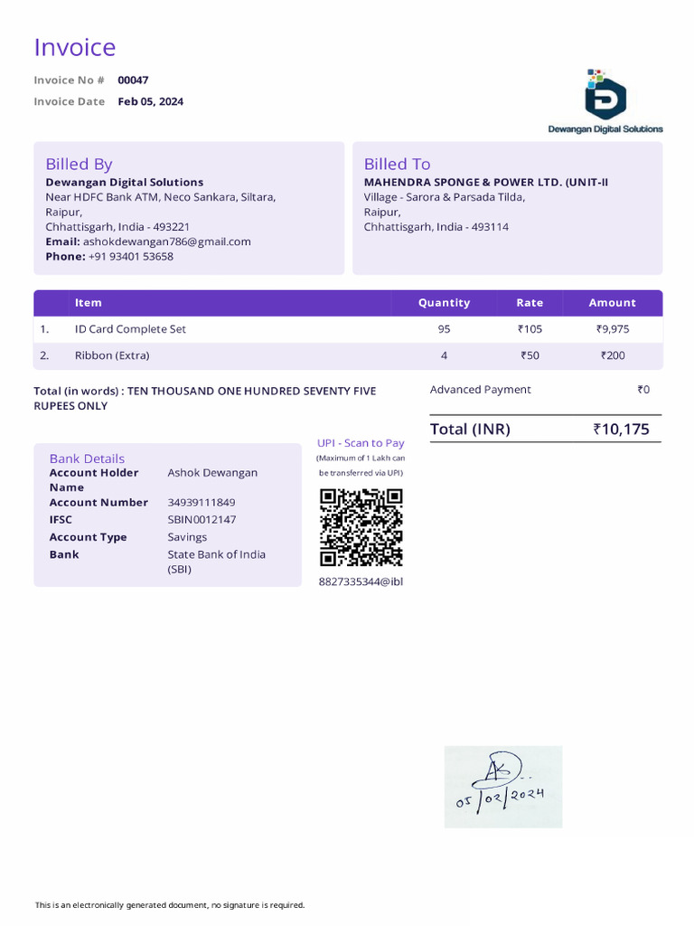 Invoice 00047 Dewangan Digital Solutions Mahendra Sponge and Power LTD Unit II | PDF