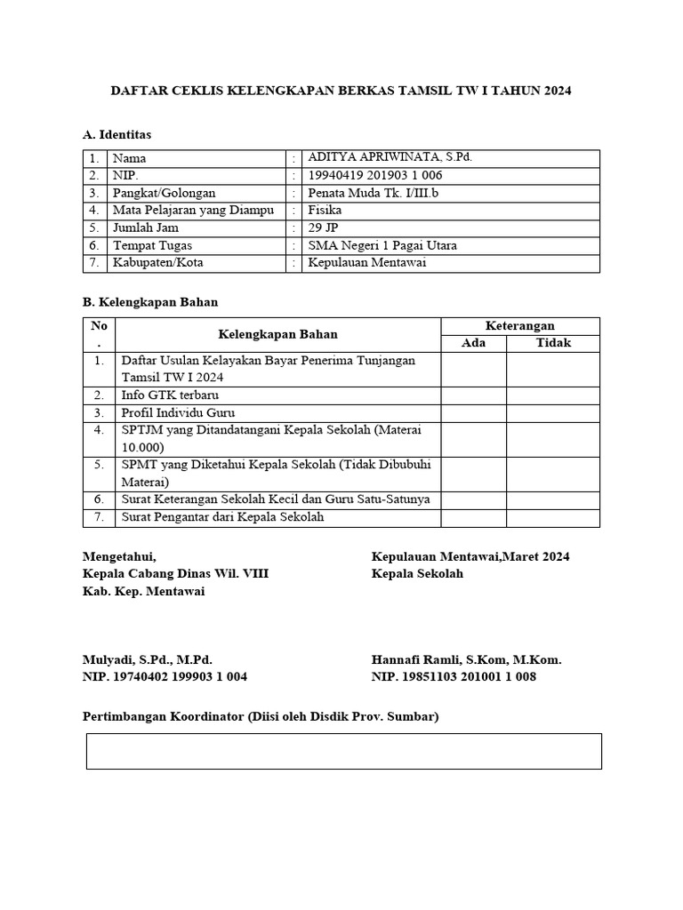 Daftar Ceklis Kelengkapan Berkas Tamsil Tw. I Tahun 2024 | PDF | Perjalanan